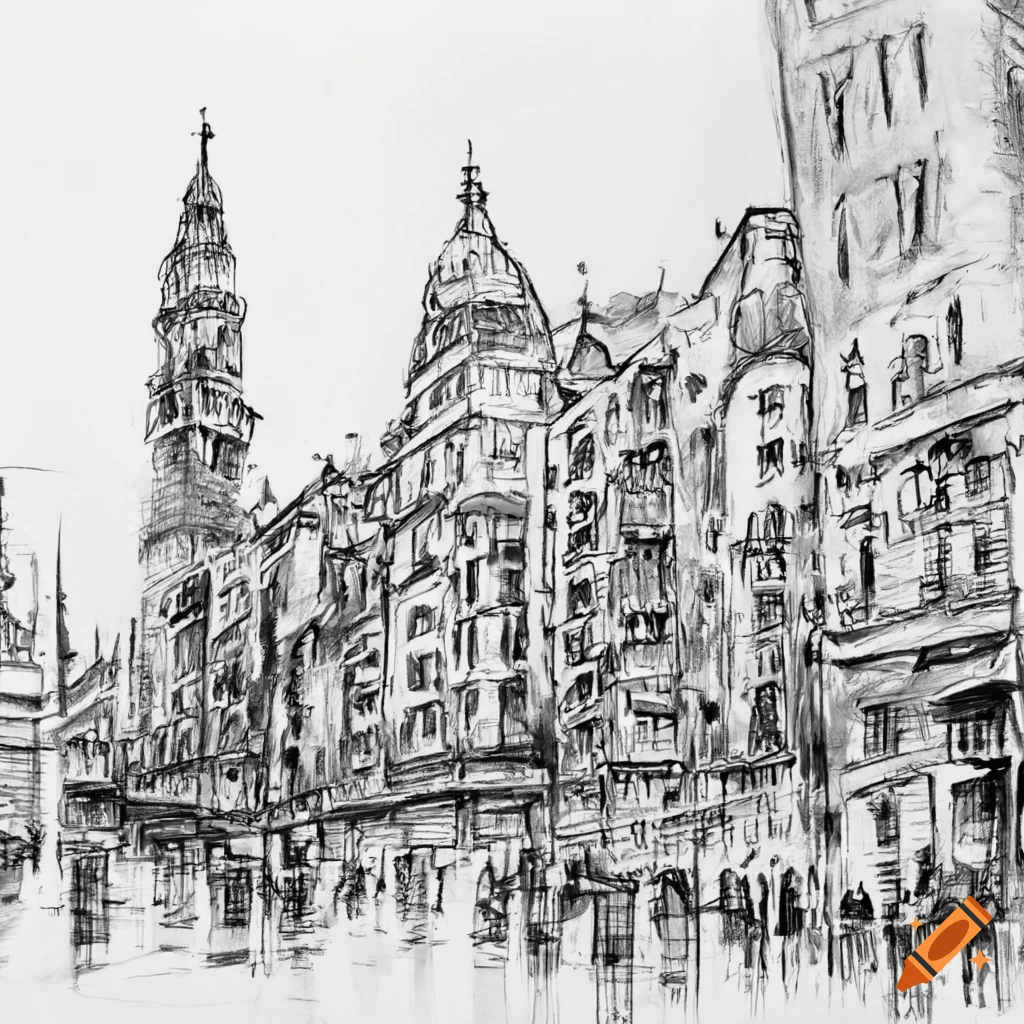 Pencil sketch of a city on Craiyon