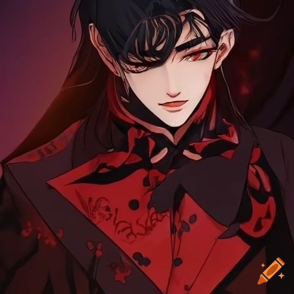 Portrait of a handsome dark-haired manhwa prince with captivating red ...