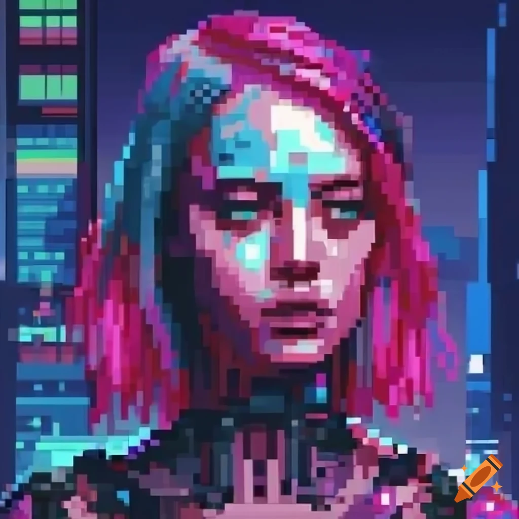 Pixel art portrait of a cyberpunk russian android cyborg woman with ...