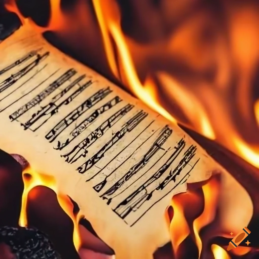 Symbolic scene of burning scrolls with musical sheets in a fiery ...