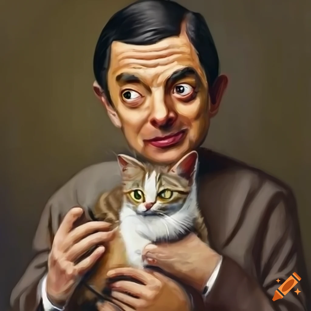 Mr. Bean portrayed in a medieval painting holding a cat on Craiyon