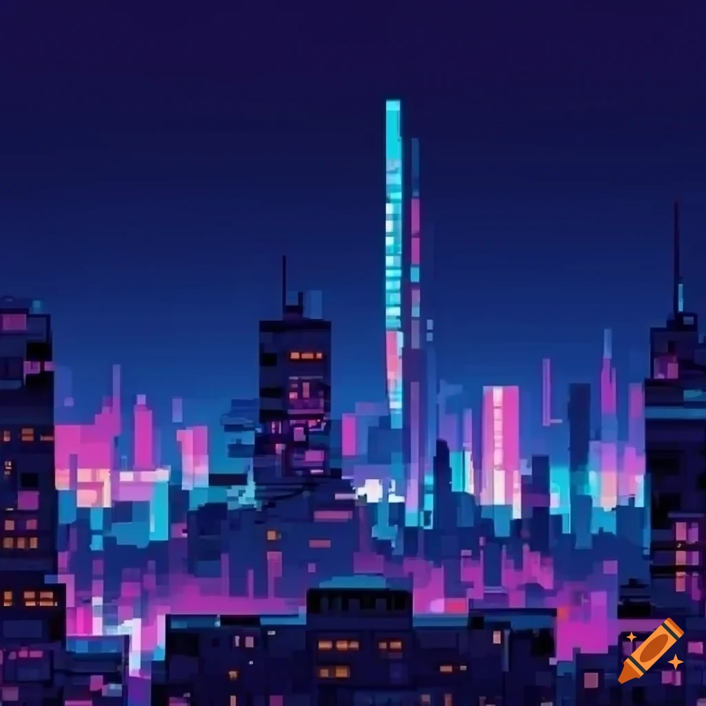 Cyberpunk city skyline in 8-bit pixel art with dark blueish tones on Craiyon