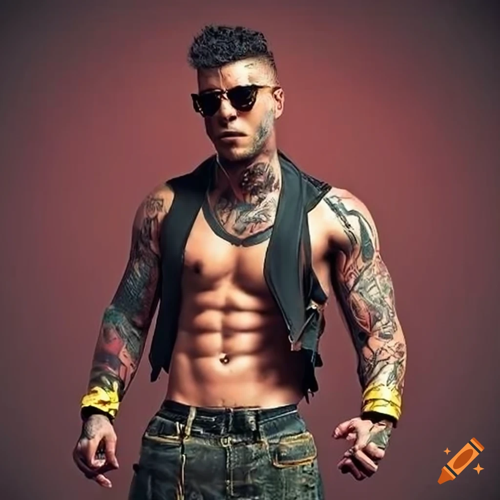 Outfit for a muscular singer with tribal tattoos: black leather jacket ...