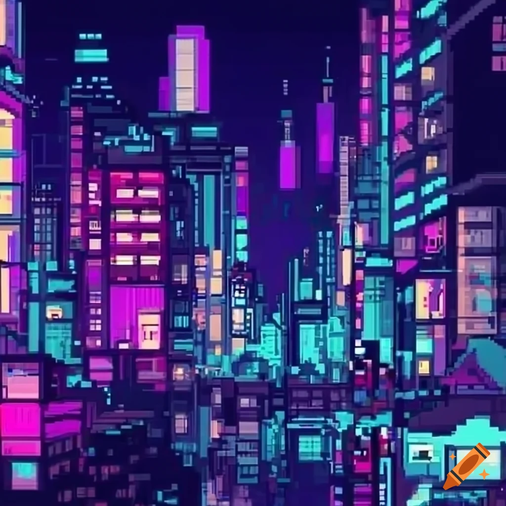 Cyberpunk city skyline in 8-bit pixel art with dark blueish tones on ...