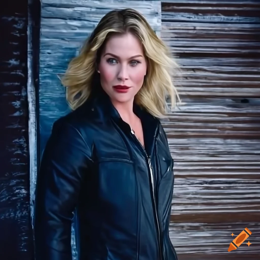 Blonde actress in a country plaid shirt and black leather jacket on Craiyon