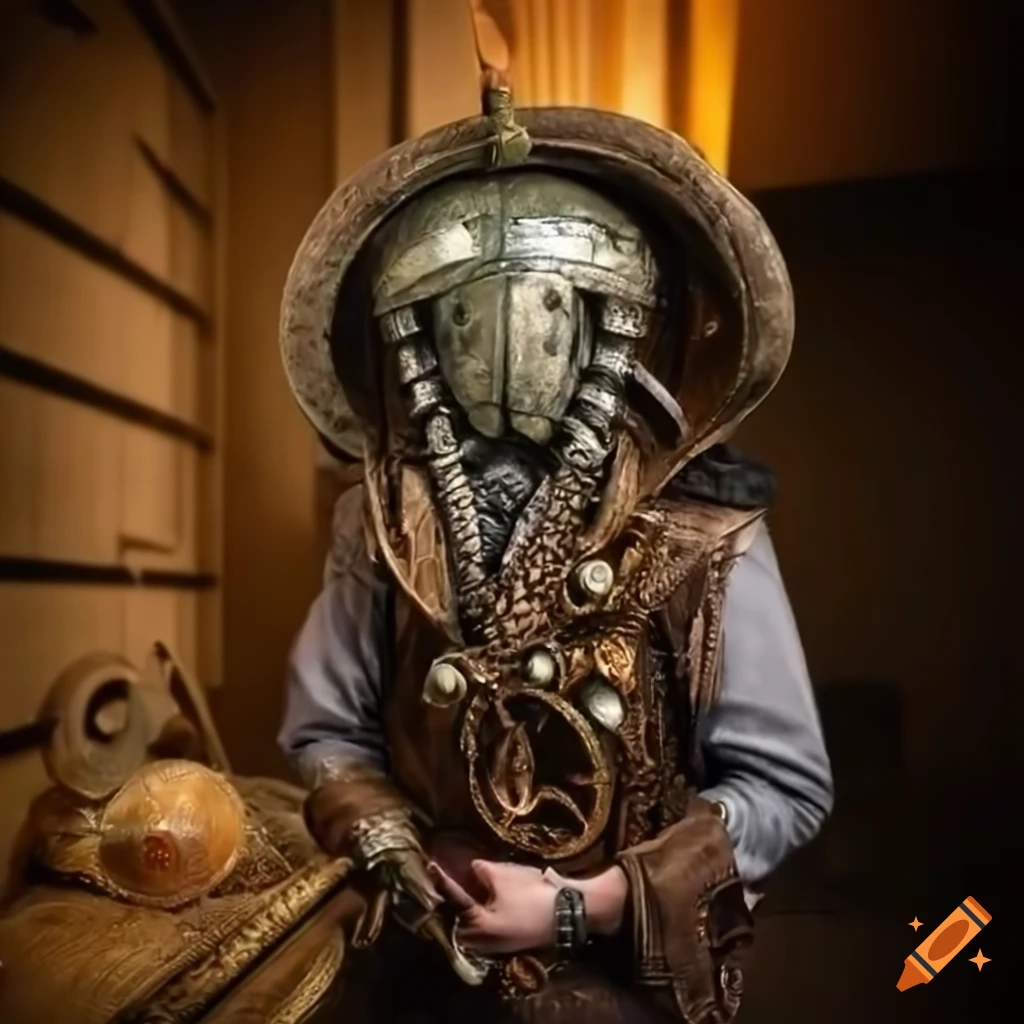 Steampunk banker with time obsession in atmospheric suit and helmet inspired by ancient alien ...