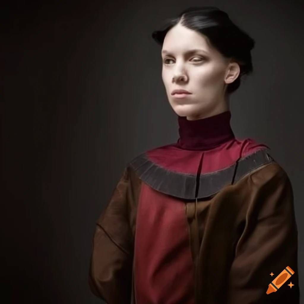 Striking figure in medieval attire with short black hair and ...