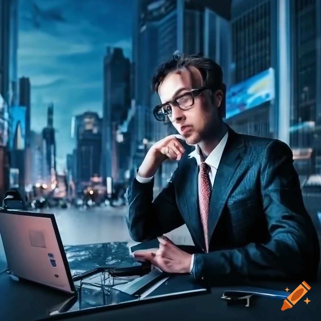 Software developer in a suit working on computer in times square on Craiyon