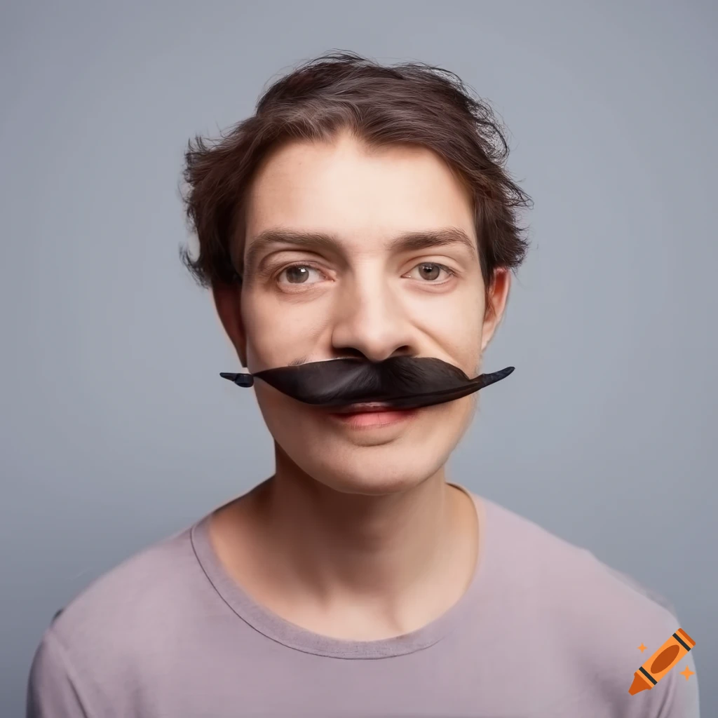 Portrait of a smiling man with colored mustache on light gray ...