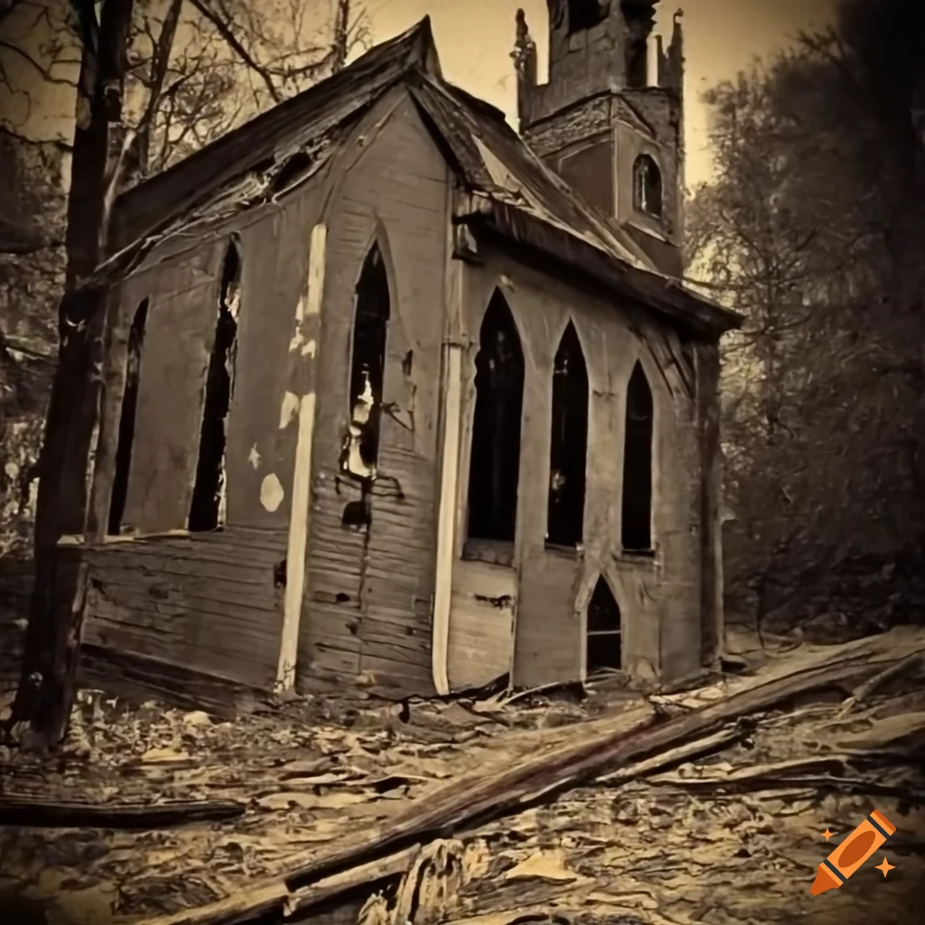 Old decrepit church with decaying planks in a vintage photo on Craiyon