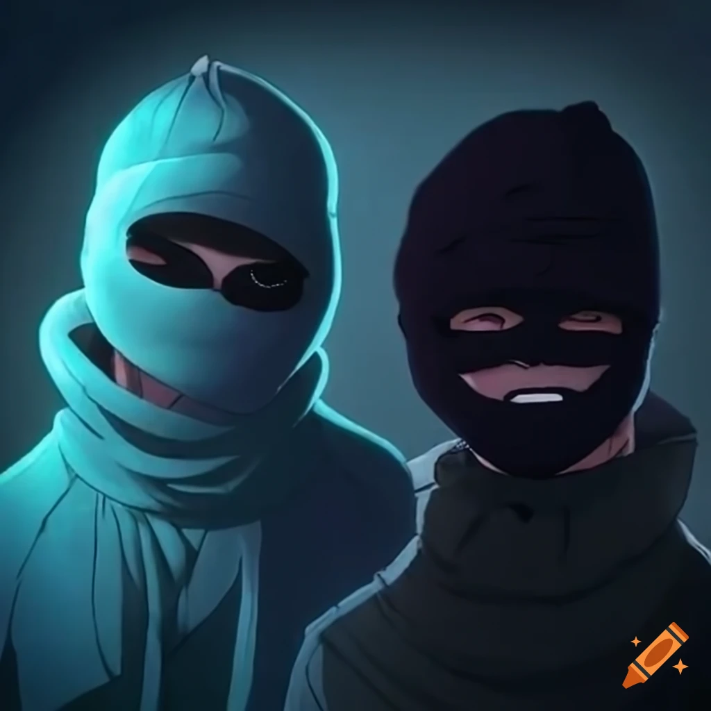 Two men wearing ski masks in a dark room on Craiyon