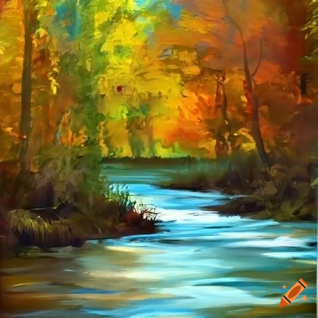 Creek and trees created with thick paint using a painting knife on Craiyon