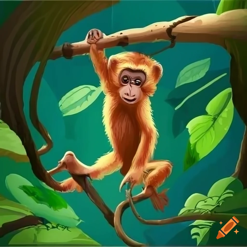 Mischievous monkey named milo swinging in a lush jungle scene on Craiyon
