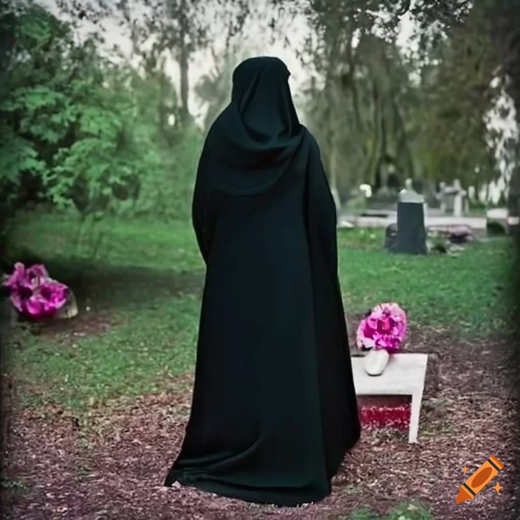 Muslim woman in black burka at gravesite on Craiyon