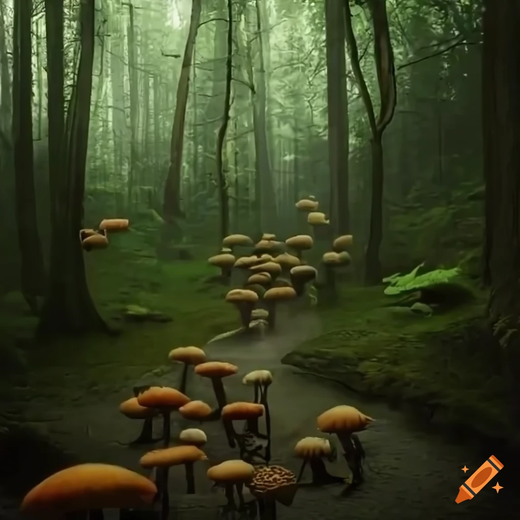 Colorful mushroom forest with a trail leading to a distant mountain on ...