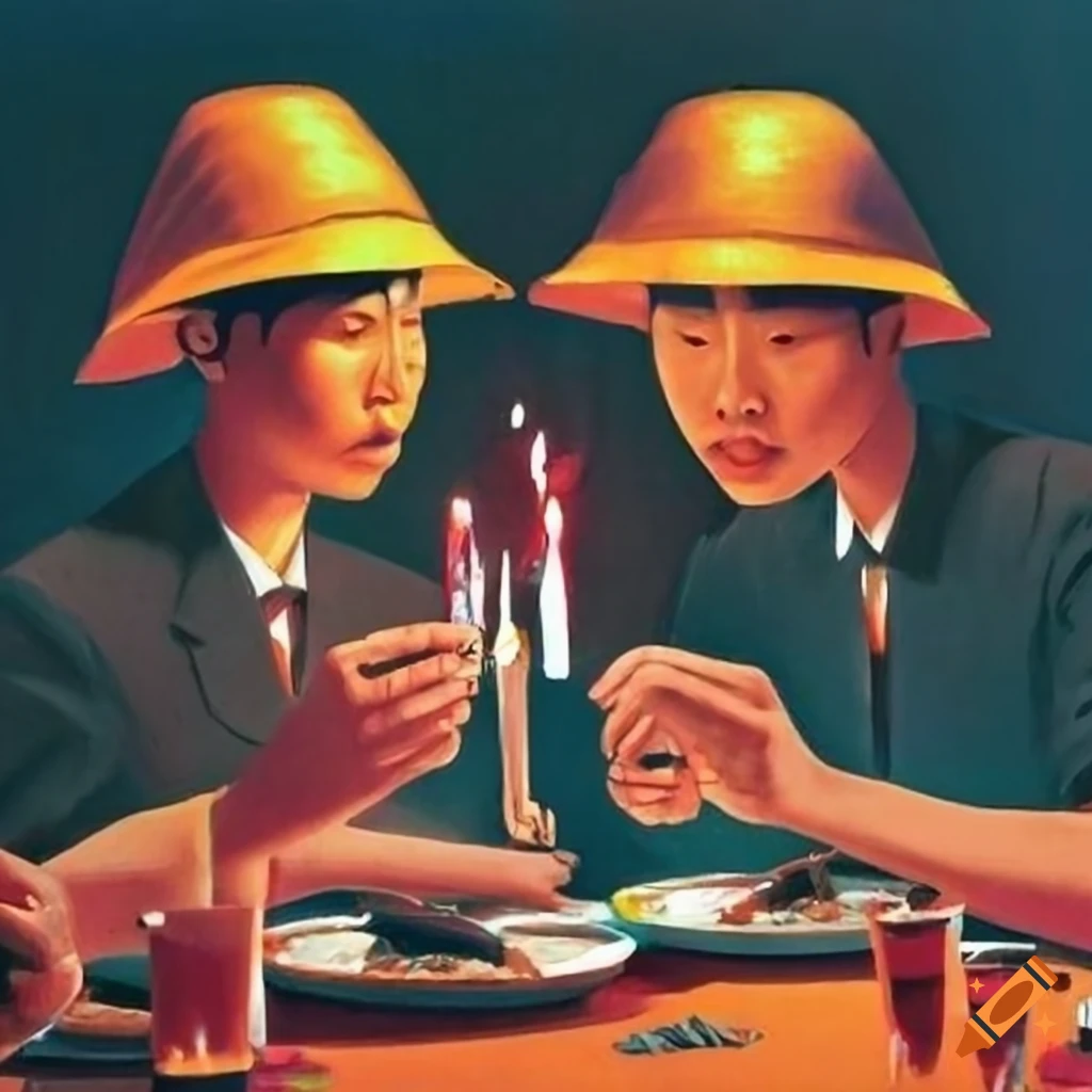 Chinese workers smoking post-dinner in Ed Paschke style on Craiyon