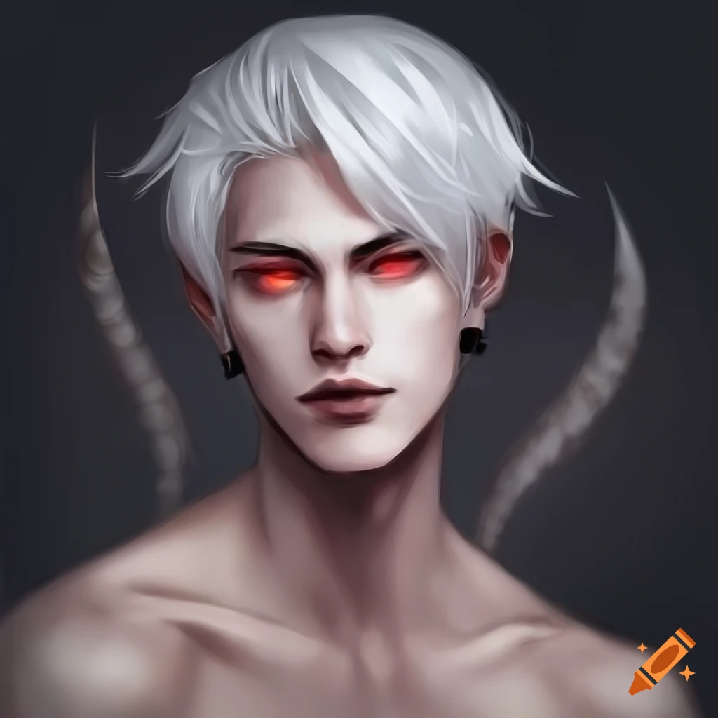 Portrait of a handsome male demon with white hair on Craiyon