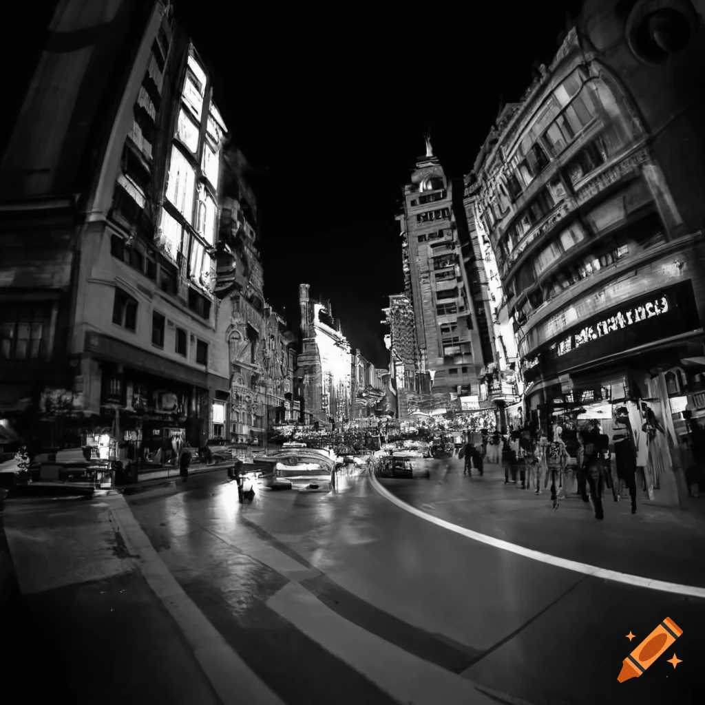 Fish-eye view of a busy city street in grayscale on Craiyon
