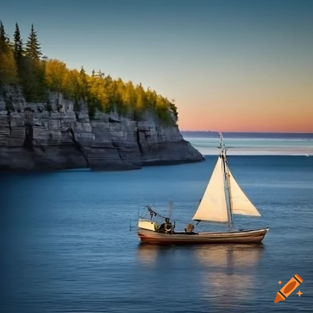 Cat riding a sailboat along the coast of a cliffside fishing town in ...