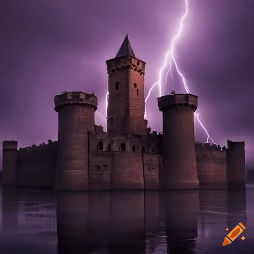 Medieval castle in a stormy sky with lightning on Craiyon