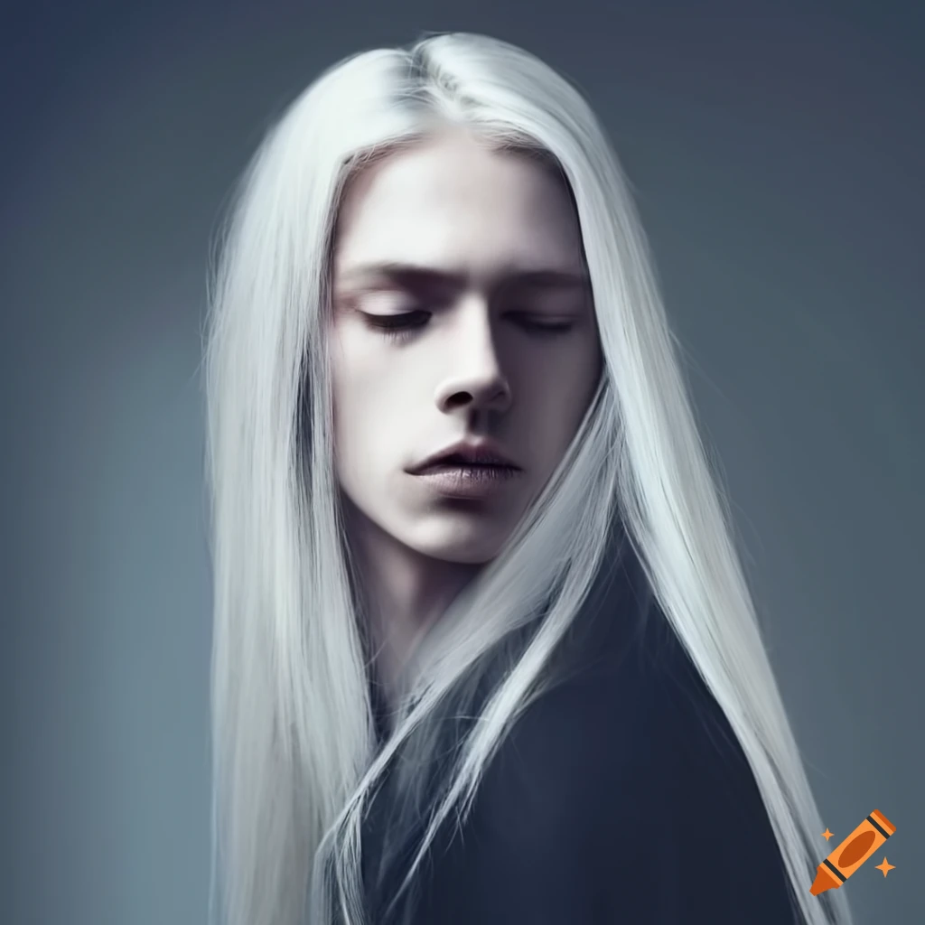 White male model with long straight white hair on Craiyon