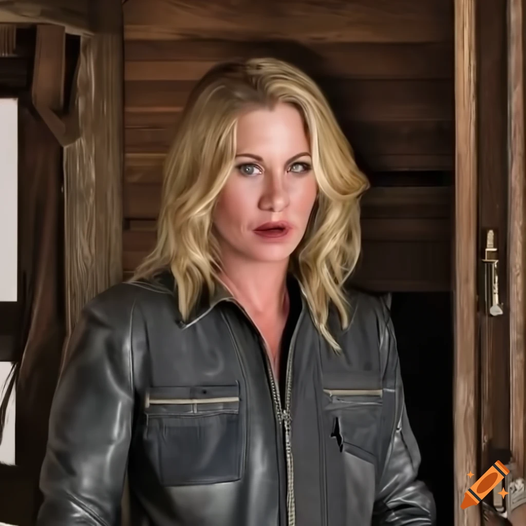 Blonde actress in a country plaid shirt and black leather jacket on Craiyon
