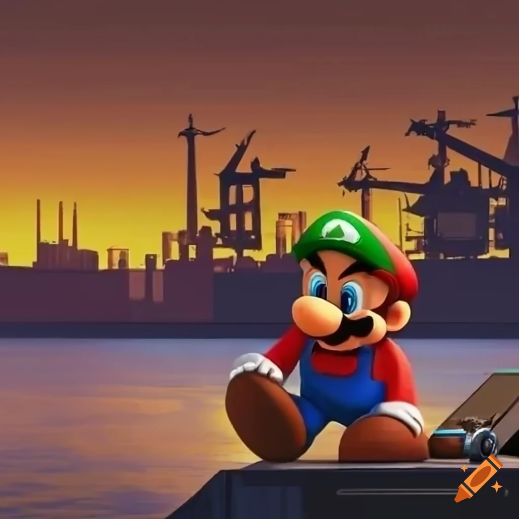 Mario Bros scene with a DJ in an industrial harbour at sunrise on Craiyon