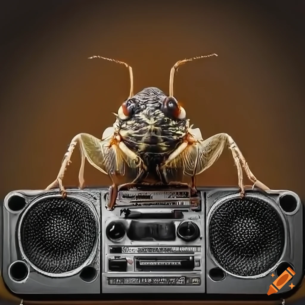 Cicadas listening to a boom box in 4k hyperrealistic detail on Craiyon