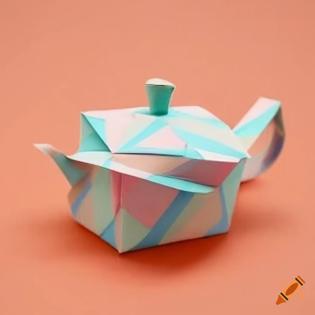 Origami paper teapot in a product photo on Craiyon