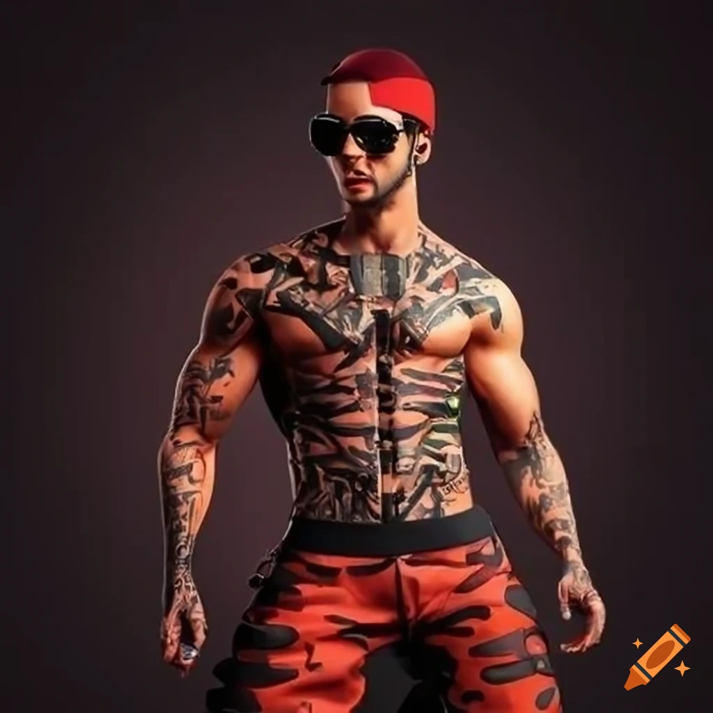 Chunky, muscular male singer's outfit with black tribal tattoos and ...