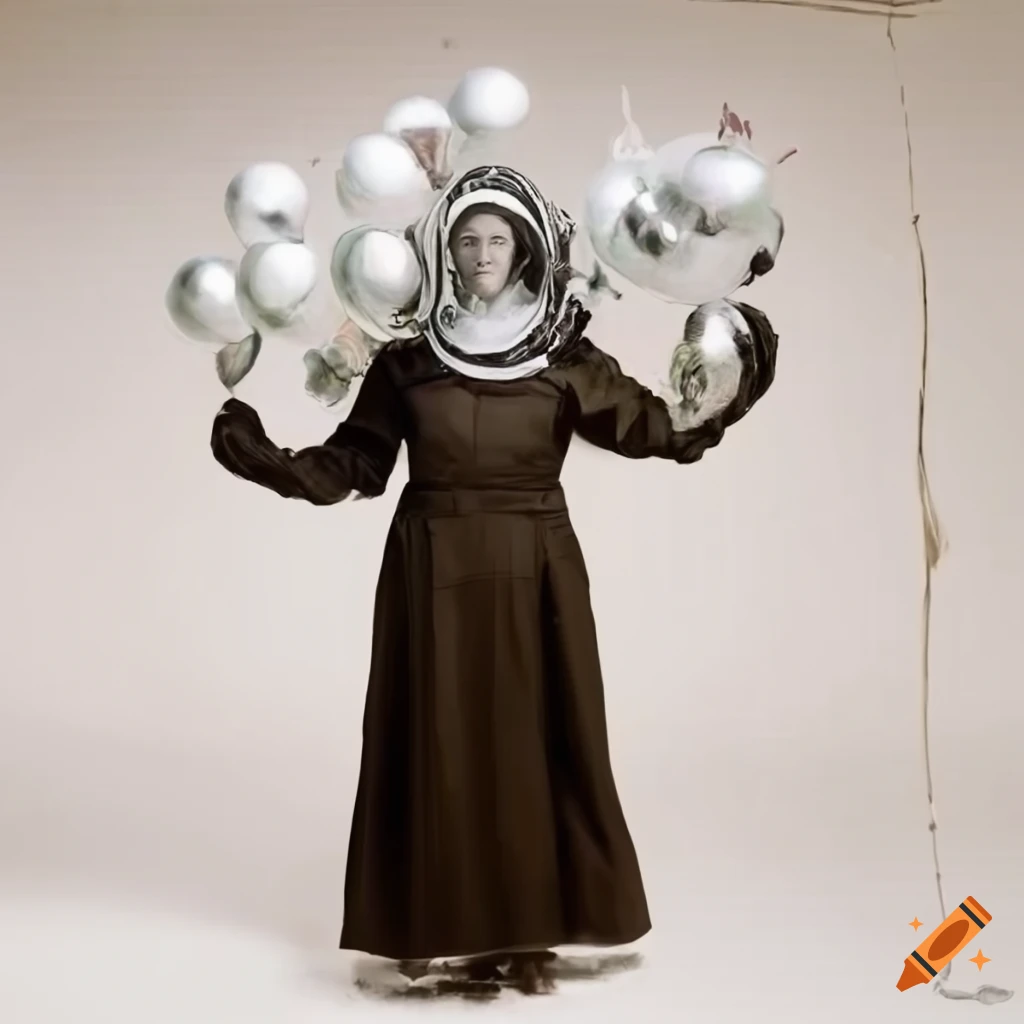 Tall insect nun in space suit with Victorian children in insect space ...
