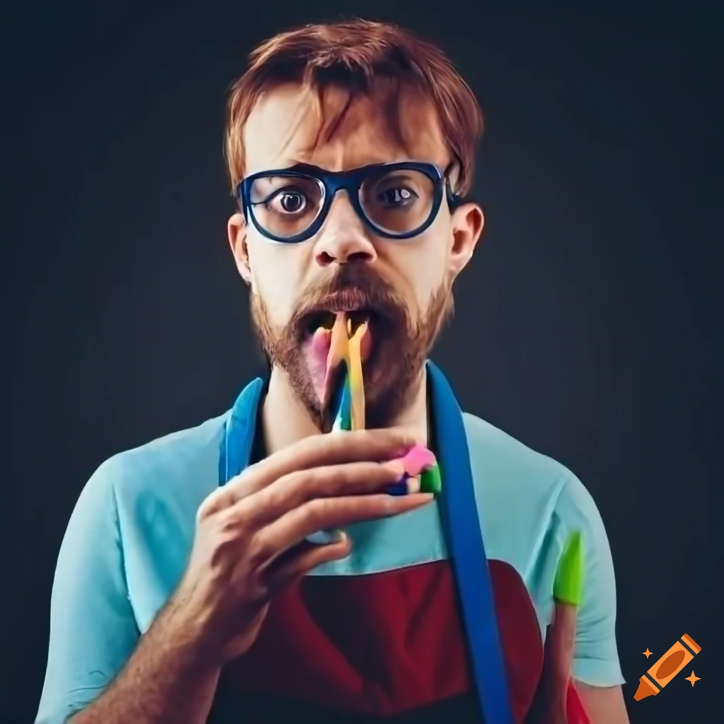 Creative man with colorful crayons and glasses on Craiyon