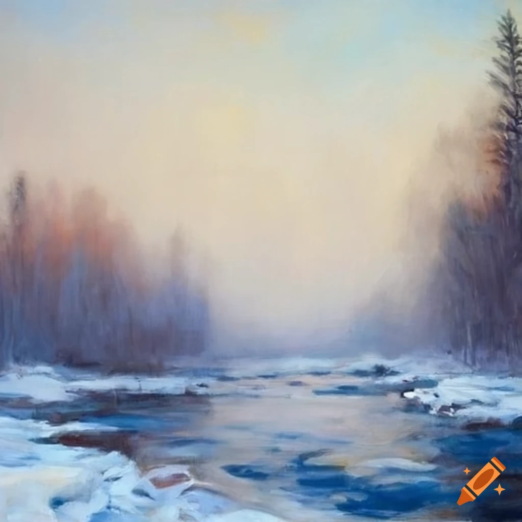 Misty winter river painting in northern michigan by monet on Craiyon