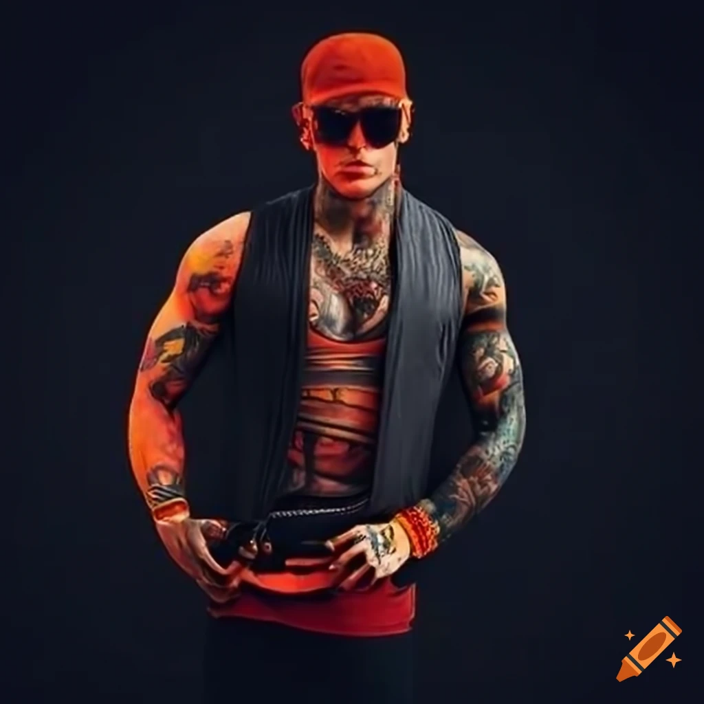Fashionable outfit for a muscular singer with tattoos on Craiyon