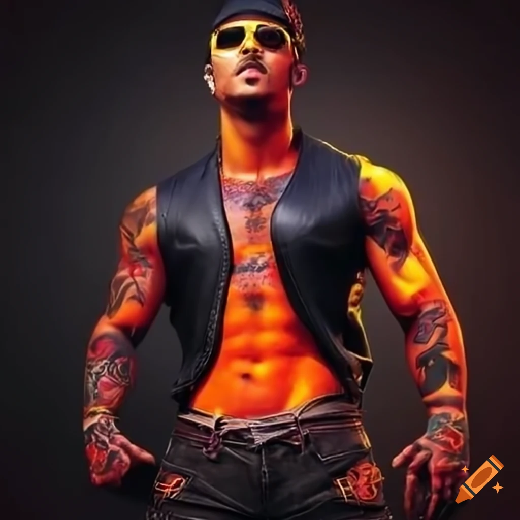 Outfit idea for a muscular singer with tattoos: black leather waistcoat ...