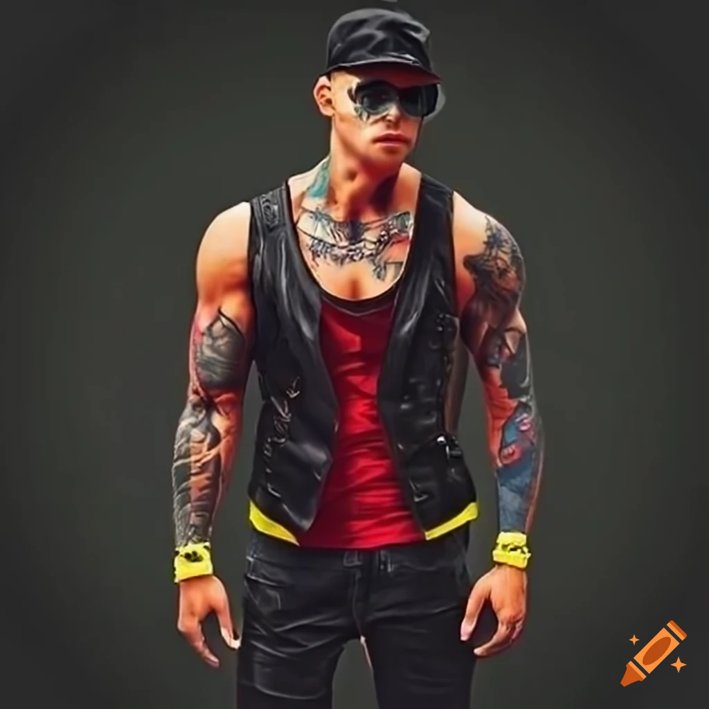 Outfit idea for a muscular singer with tattoos: black leather waistcoat ...