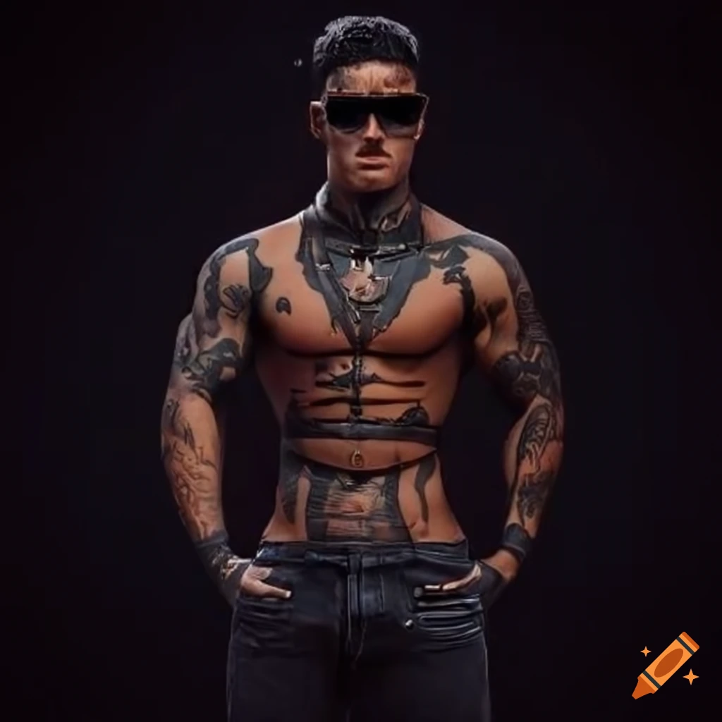 Chunky, muscular, tanned male singer with black tribal tattoos and ...