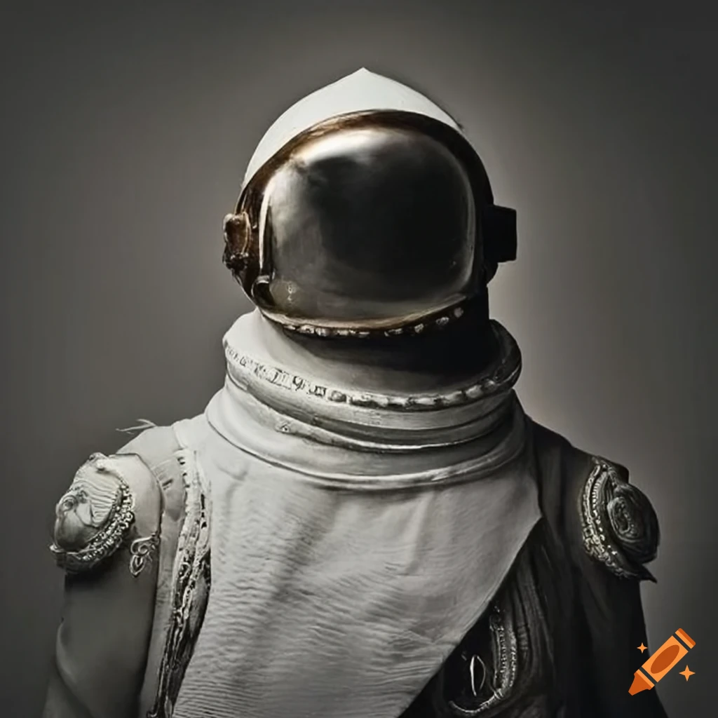 18th century astronaut with a powdered wig helmet and visored face on ...