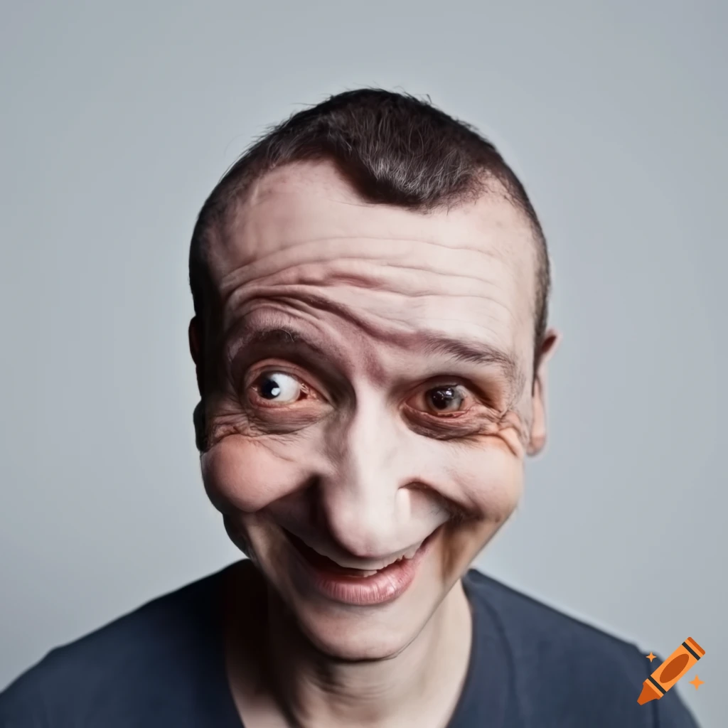 Man with a unique head smiling on a light gray background on Craiyon