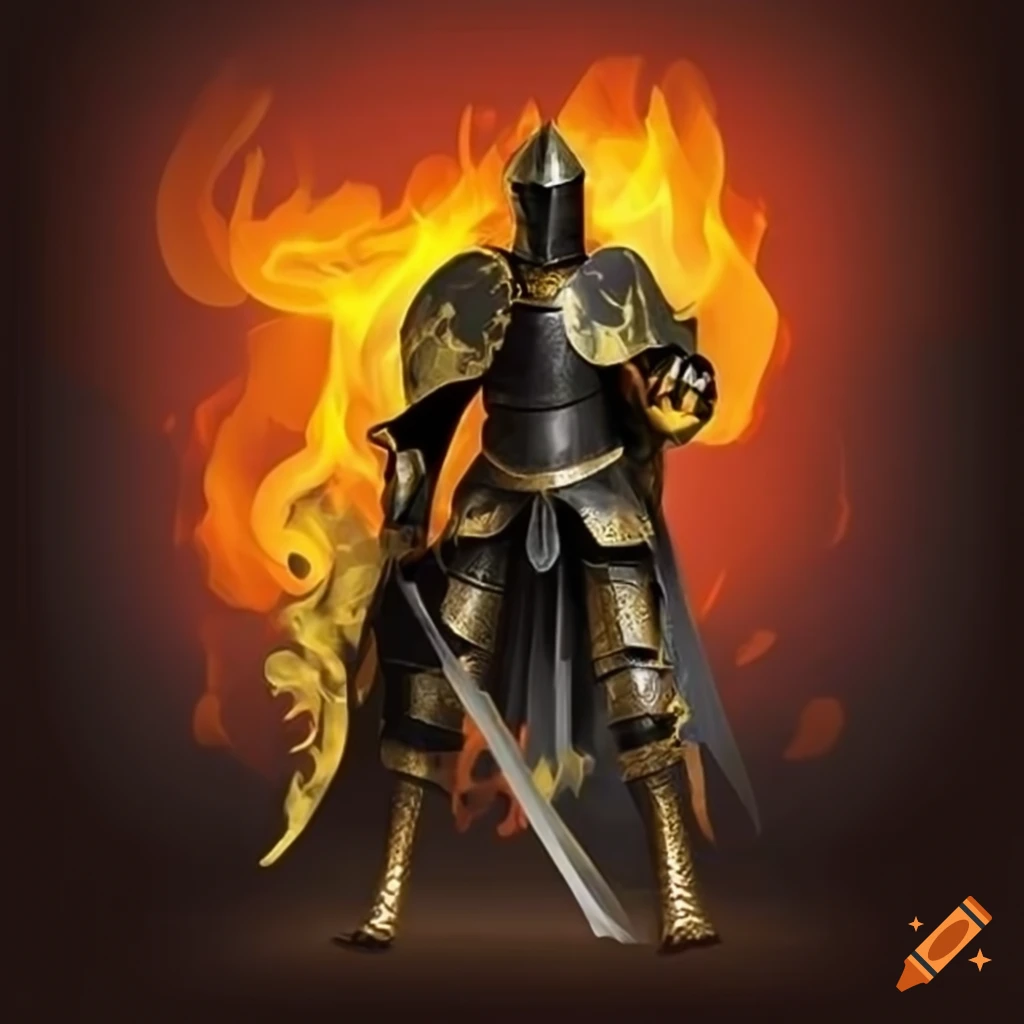 Black and gold knight with fire backdrop on Craiyon