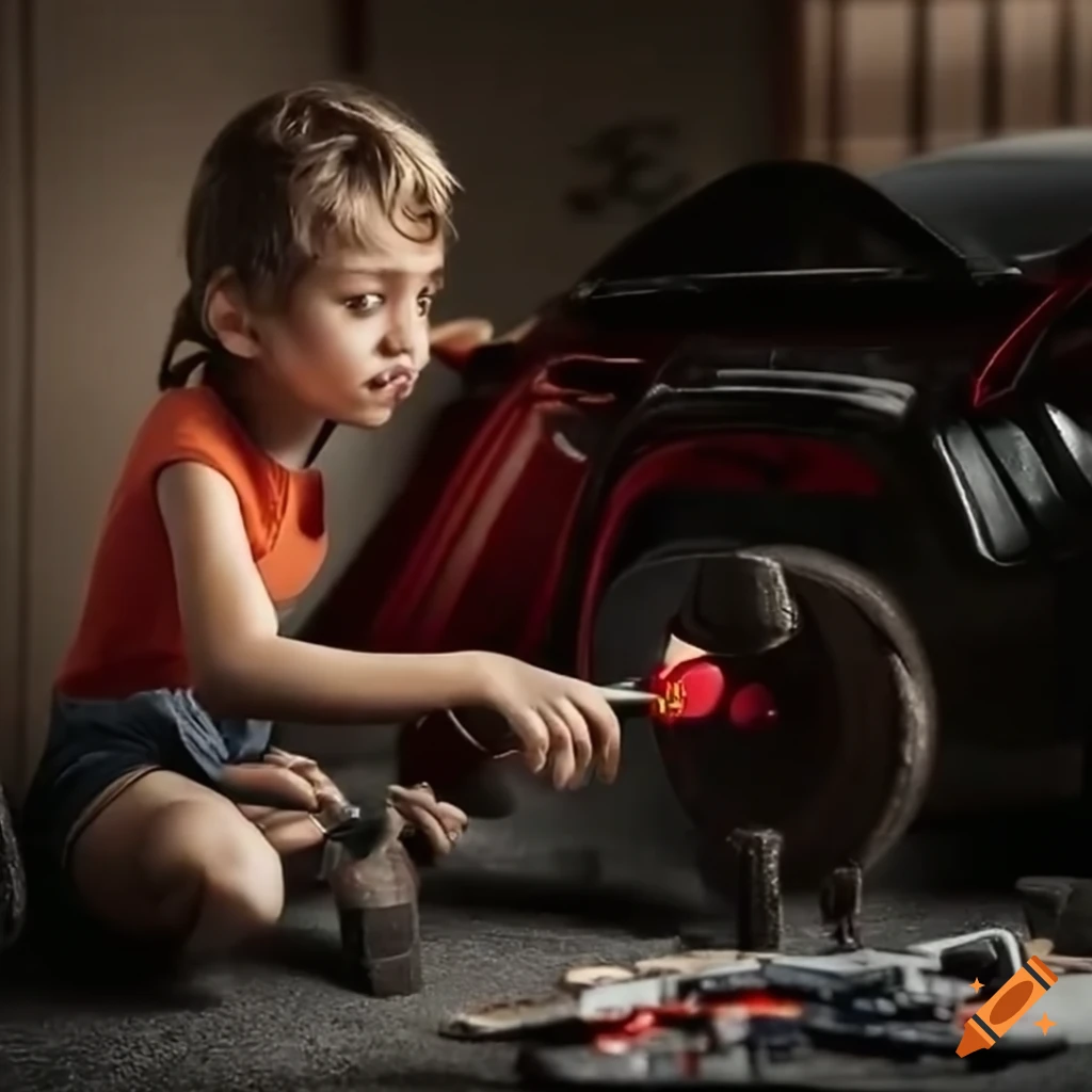 Children mechanics fixing a car with toy wrenches on Craiyon