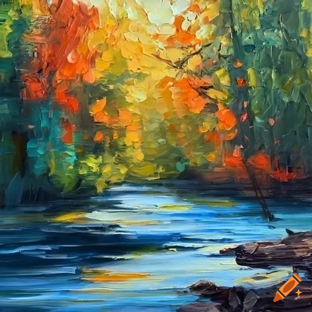 Master oil painting of a creek and trees in michigan with palette knife ...