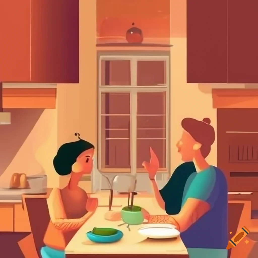 People conversing at a kitchen table in a warm setting on Craiyon