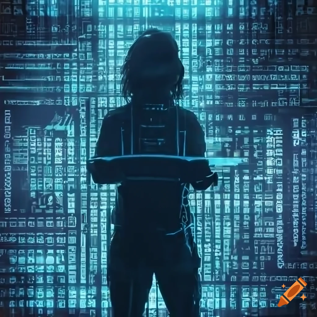 Young man in high tech gear and futuristic computer equipment in a ...