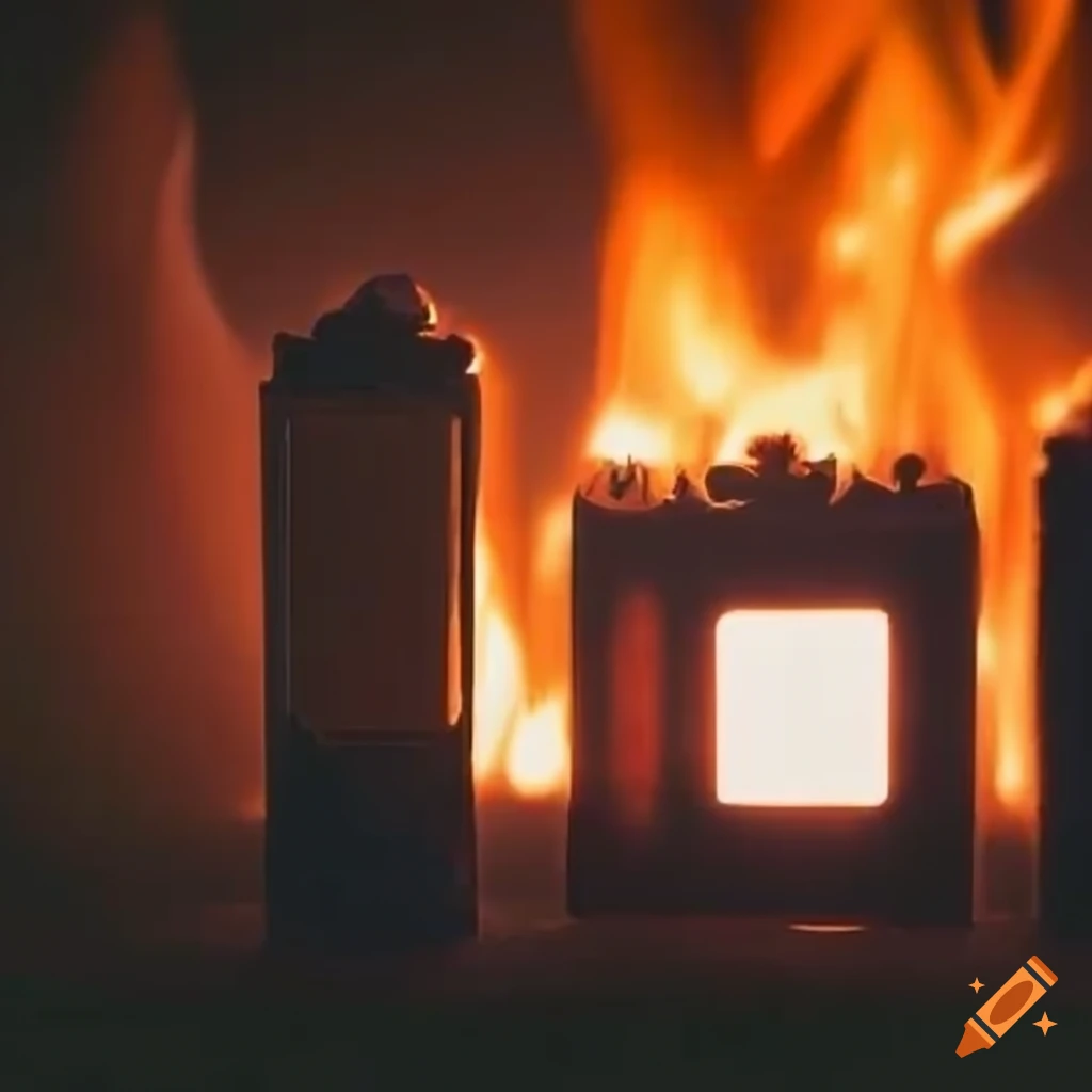 Burning battery with a house on fire in the background on Craiyon