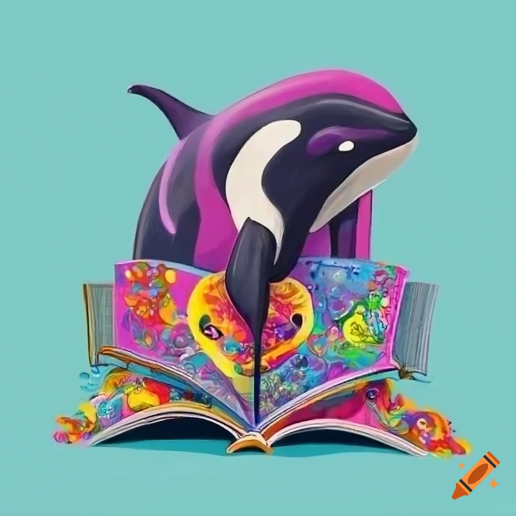 Magical orca reading a book in lisa frank style illustration on Craiyon