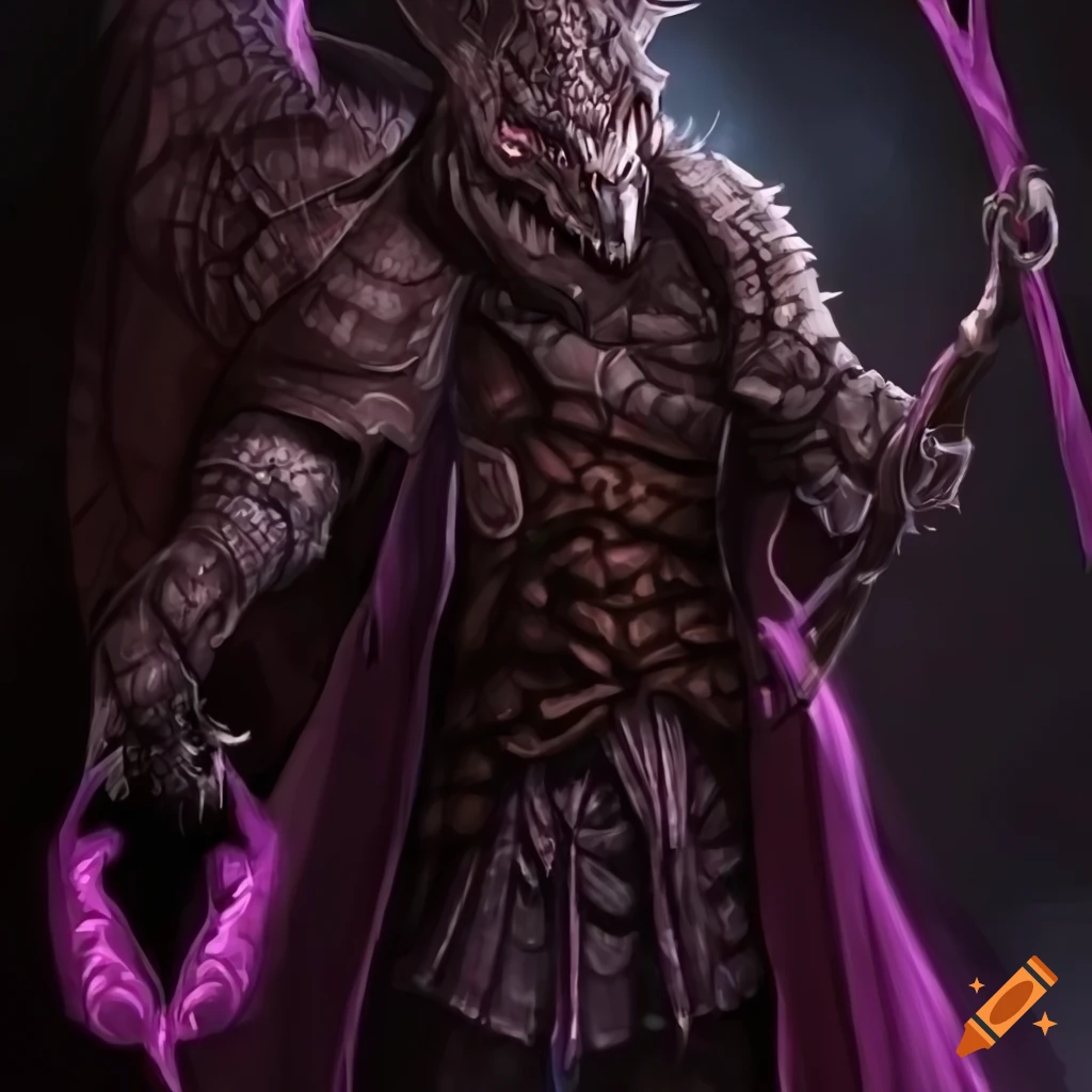 Black dragonborn character with purple eyes on Craiyon