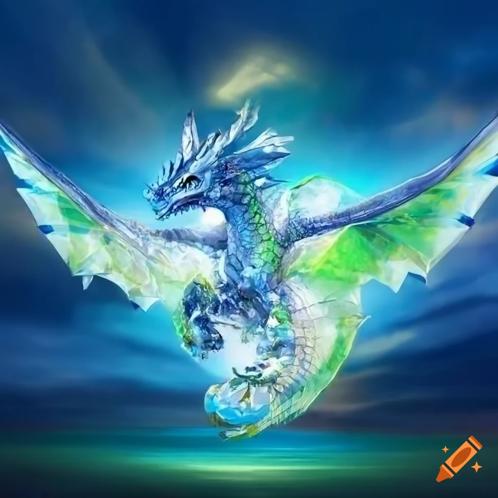 Mythical diamond dragon with crystal wings flying under yellow sunlight ...