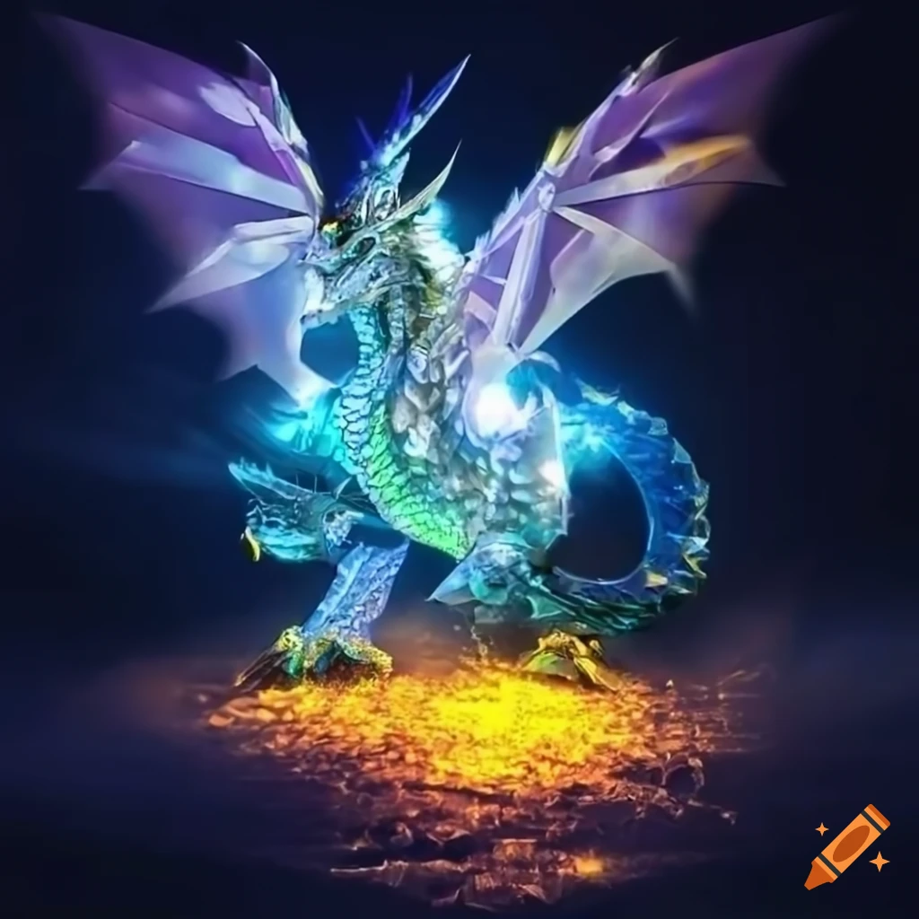 Mythical diamond dragon with yellow crystal wings in sunlight on Craiyon