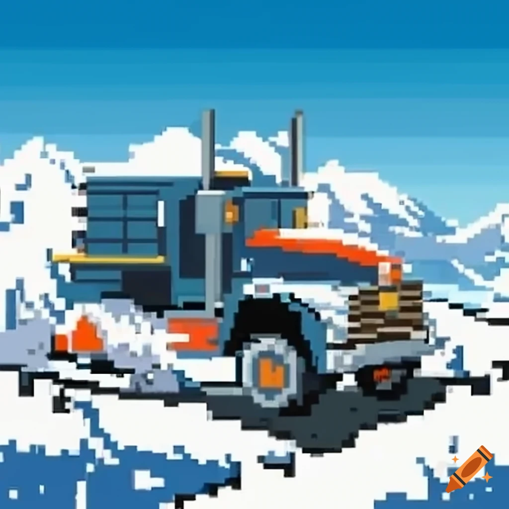 Truck on a snowy mountain high road in 16-bit pixel art style on Craiyon